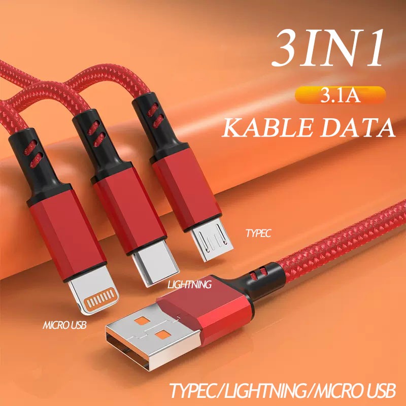 Jual Kabel Data 3 in 1 USB ke Lightning/micro/type c 3fungsi panjang 1. ...