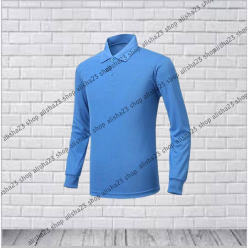 Jual Kaos Kerah Lengan Panjang Biru Laut Polos Baju Berkerah Pria ...
