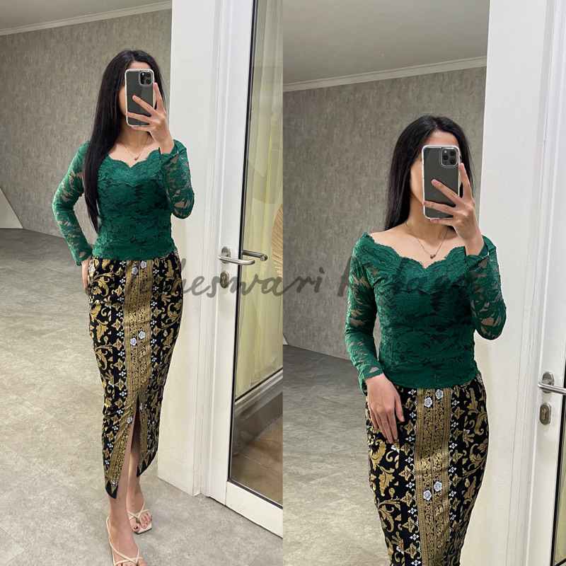 Jual Kebaya Bali Set Brukat Sabrina Panjang Hijau Botol | Shopee Indonesia