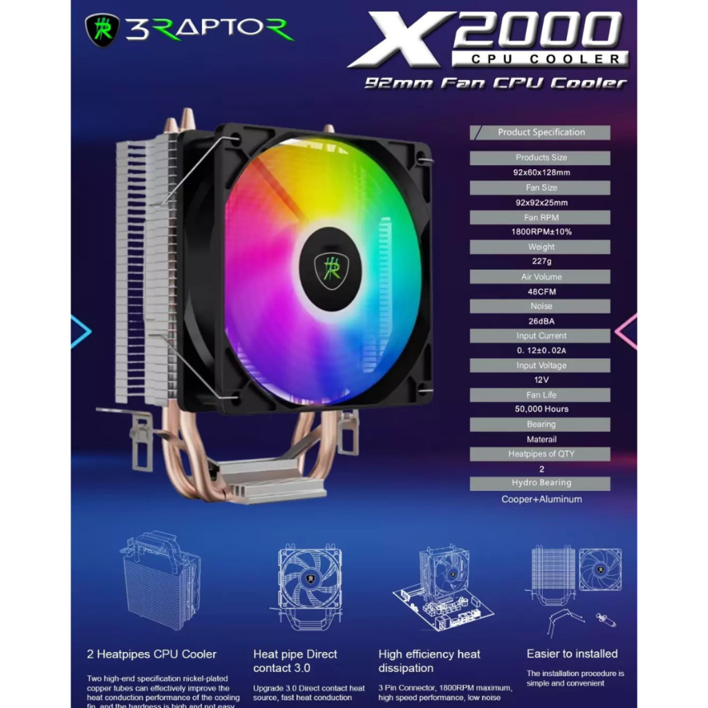 Jual Fan Cooler Raptor X2000 LED RGB Fan Processor PC Komputer Cooling ...