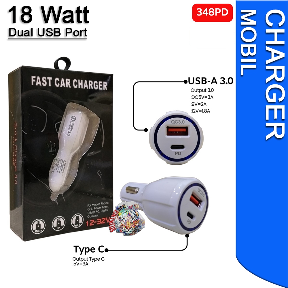 Jual Charger Mobil Type C Fast Charging 18 Watt 2 Port 348PD | Shopee ...