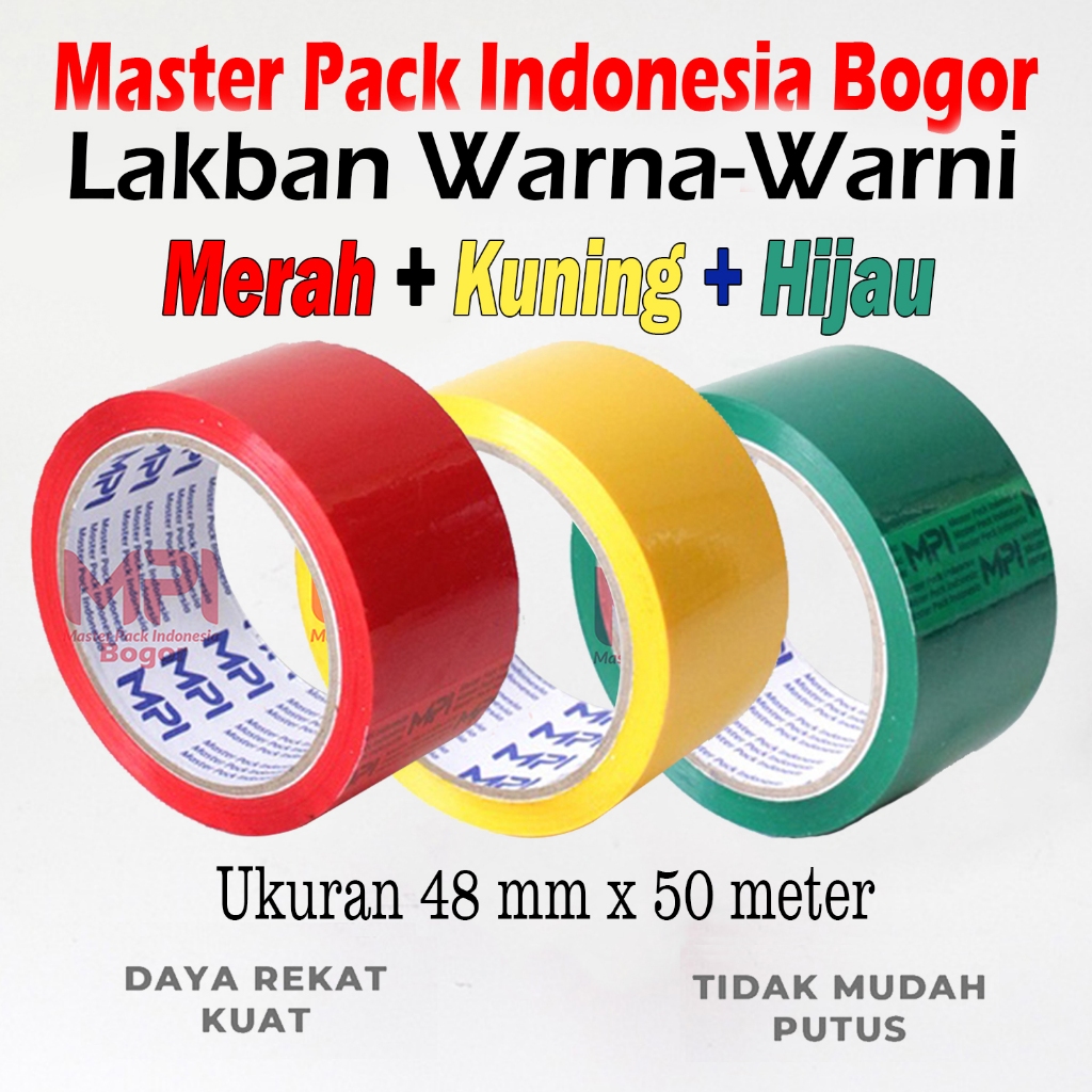Jual 3 ROLL - Lakban Warna Merah - Kuning - Hijau 48 mm x 50 meter ...