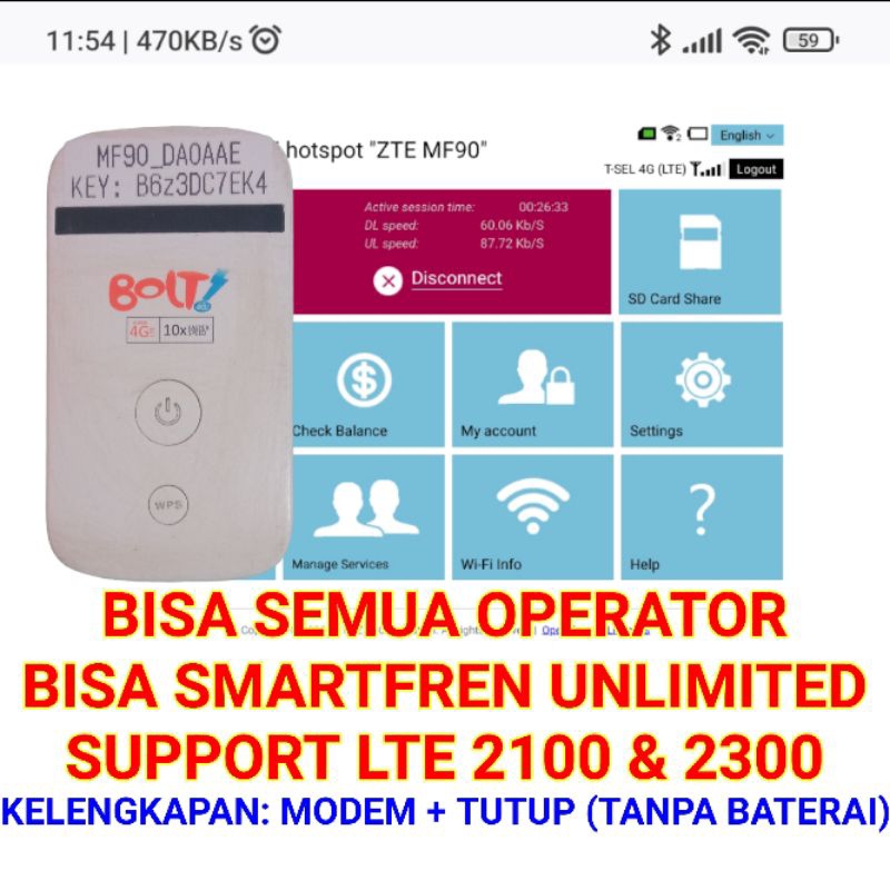 Jual MODEM WIFI BOLT ZTE MF90 MIFI SECOND TANPA BATERAI NON E5372 ...