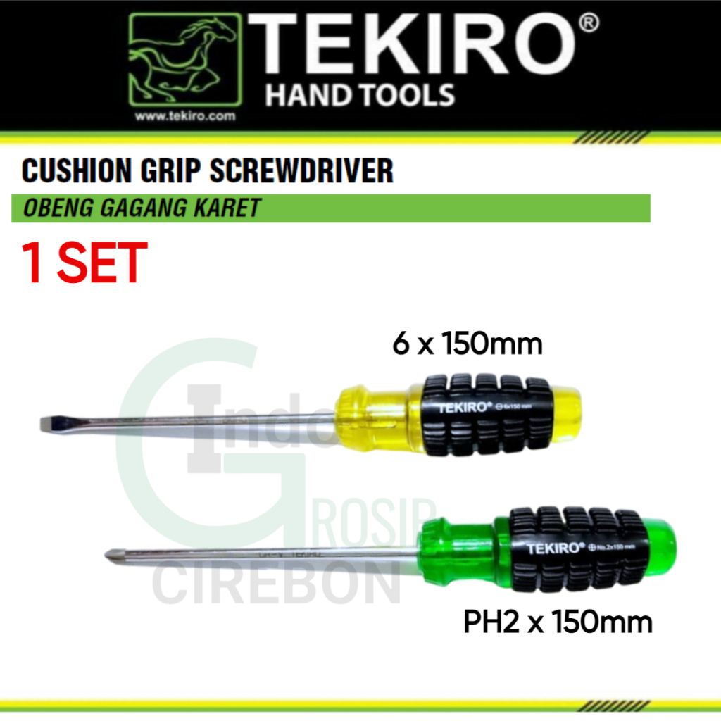 Jual [ 1 SET ] TEKIRO Obeng Gagang Karet PH2 x 150mm Plus (+) Minus (-) 6 x 150 mm Hijau Kuning ...