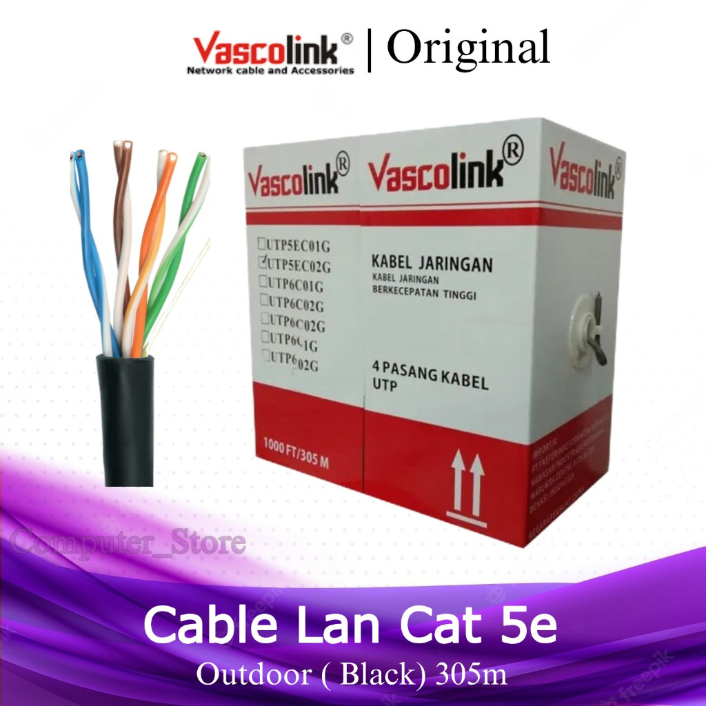 Jual Kabel Lan Outdoor Cat 5 Vascolink 1 Roll UTP Cat5e VL109-UTP5EC02T 305 Meter Cable Kabe ...