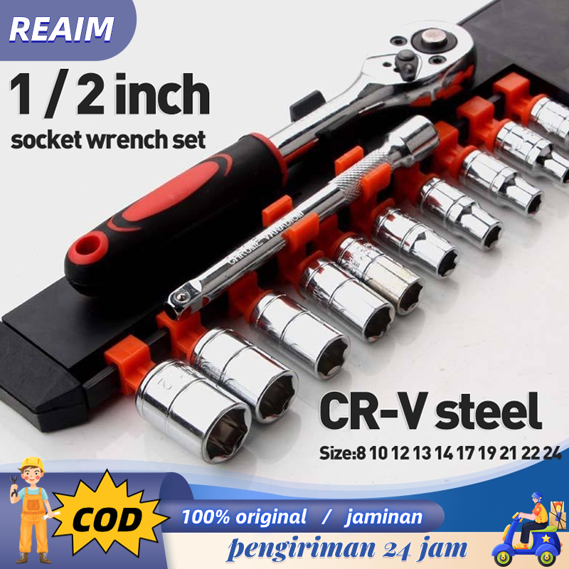 Jual REAIM Kunci Set 1/2inci kunci socket stainless Socket 12pcs Kunci Sok Wrench Rachet alat ...