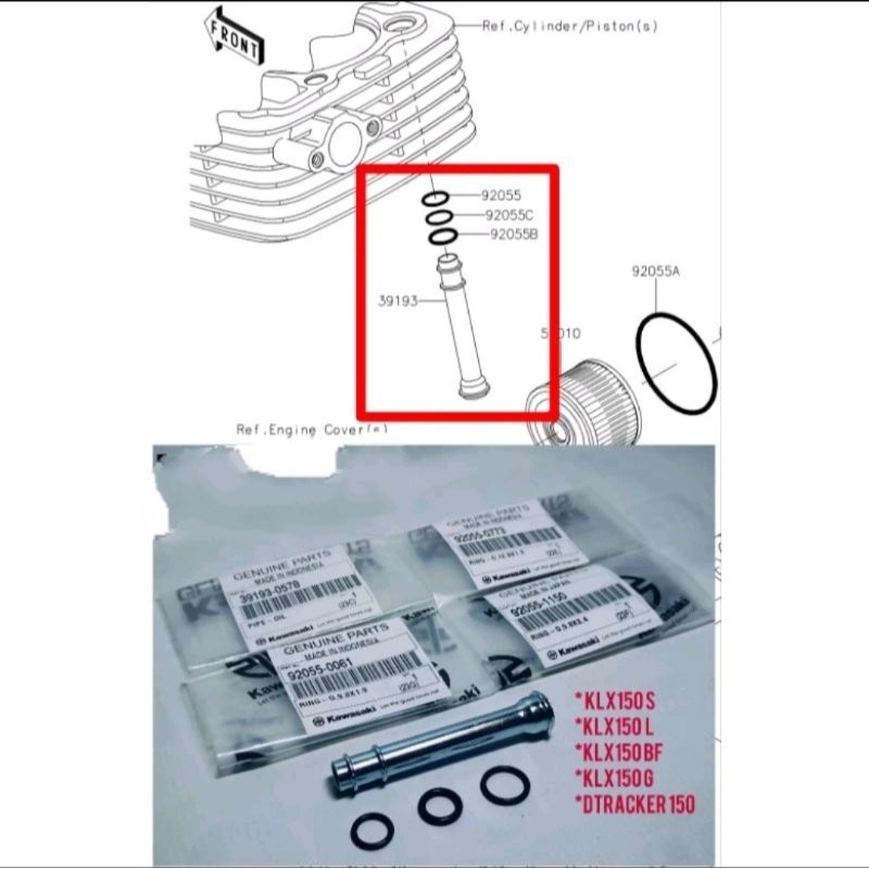 Jual pipa oli oil dan oring seal blok seher KLX 150 KLX 140 original ...