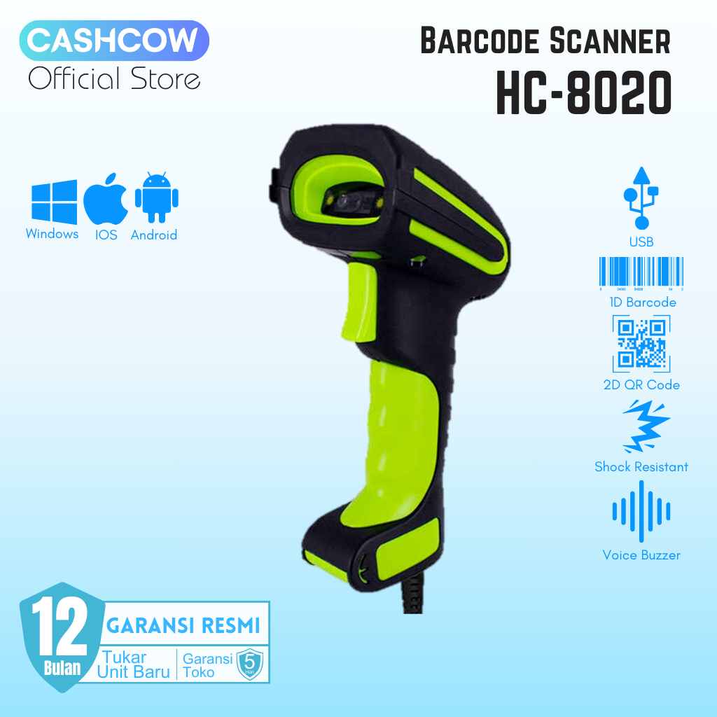 Jual Barcode Scanner 2D 1D USB QR Code Anti Shock Cashcow HC8020 ...