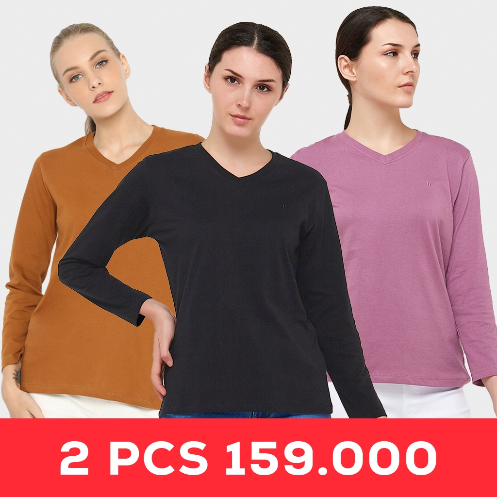 Jual ROMP Kaos Polos Wanita Lengan Panjang - Kerah V Neck | Shopee ...