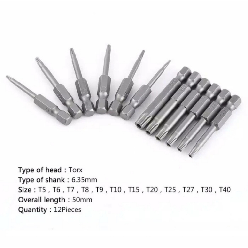Jual set 12pcs Mata Obeng torx bintang enam Magnetic 50mm Hex Shank 1/4 ...