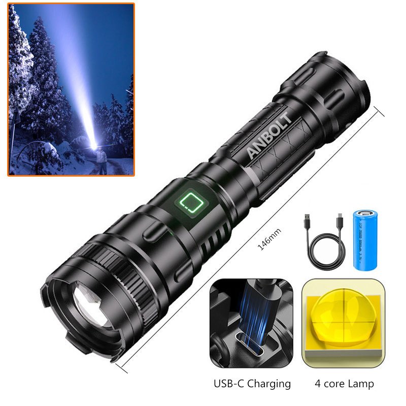 Jual Anbolt Senter LED Super Terang 90000 lumens Zoom Anti Air Flashlight with 26650 USB C ...