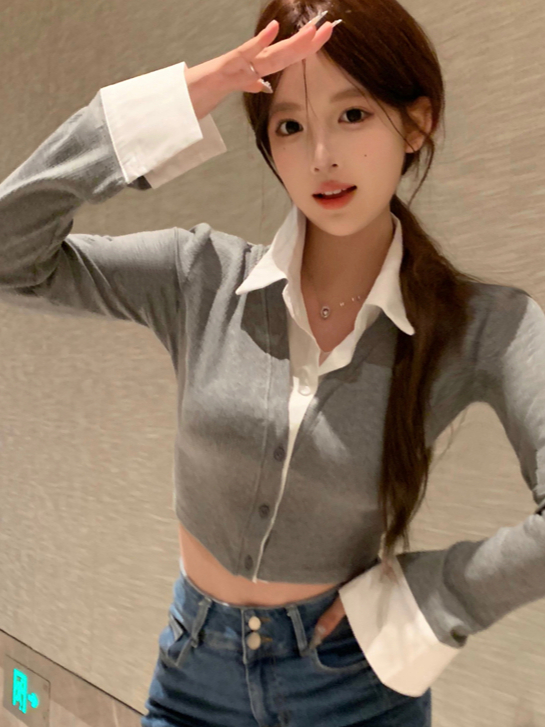 Jual Fake Two Pieces Crop Top Collar Long Sleeve 1773 (S/M/L/XL ...
