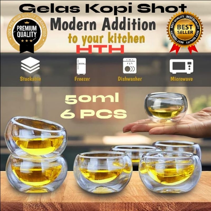 Jual Gelas Kopi Shot Double Wall Glass Borosilicate 50ml 6Pcs HTH | Shopee Indonesia