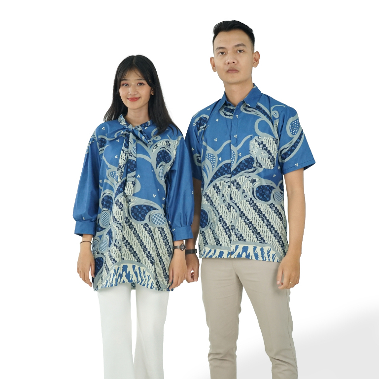 Jual BATIK TRUSMI Set Couple Blouse Batik dan Kemeja Batik Liris ULR Biru BUL | Shopee Indonesia
