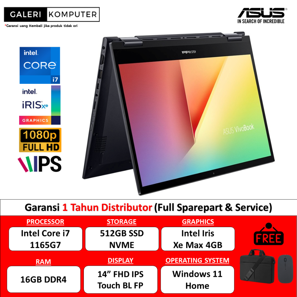 Jual Laptop Asus Vivobook 14 Flip TP470EZ Intel i7 1165G7 16GB 512GB SSD Iris Xe MAX FHD IPS ...