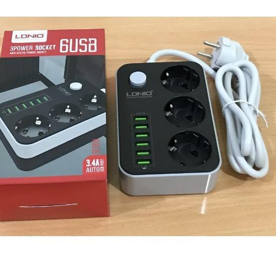 Jual Stop Kontak LDNIO SE3631 Dengan 3 Power Socket & 6 USB fast charging | Shopee Indonesia