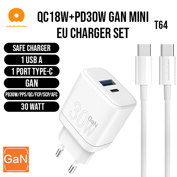 Jual WUW Charger Set T64 Mini GaN Charger Adapter 30W Dual Port USB 4.0 ...