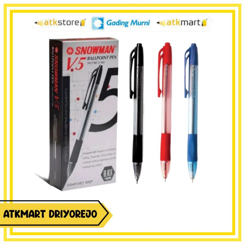 Jual (1 PACK) PULPEN 0.7MM SNOWMAN BALLPOINT V-5 TINTA WARNA HITAM BIRU ...