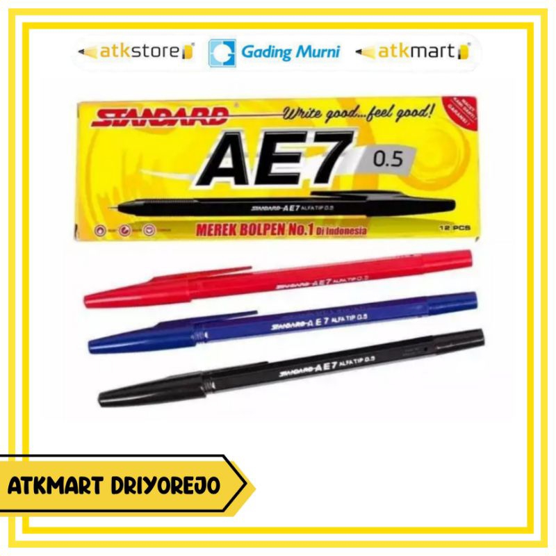 Jual PULPEN 1 PACK STANDARD AE-7 BOLPOIN TINTA WARNA HITAM BIRU MERAH ISI 12 PCS BALLPOINT ...