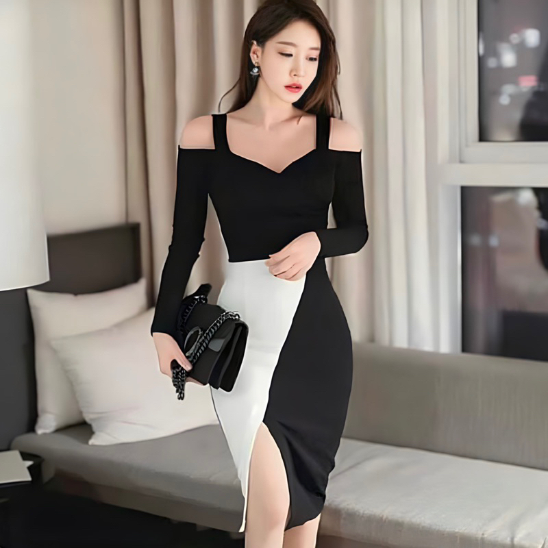 Jual BW DRESS - Dress pesta wanita korea dress sabrina off shoulder slit mini dress midi two ...