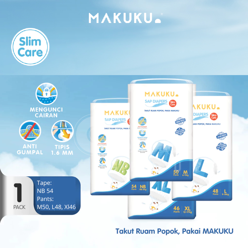 Jual MAKUKU SAP Diapers Slim Care Jumbo Pack NB54 / M50 / L48 / XL46 - Popok Bayi Sekali Pakai ...