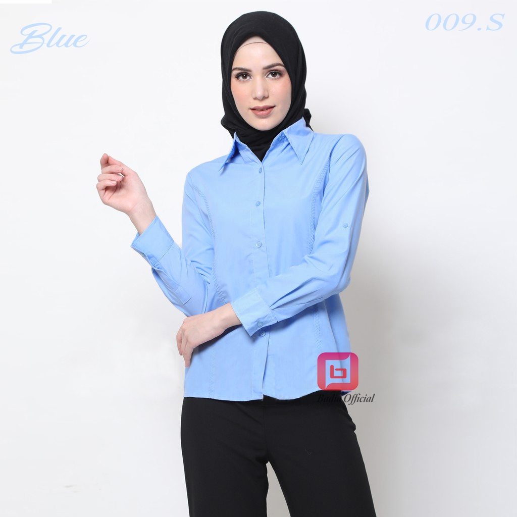 Jual kemeja biru muda polos wanita motif list bordir kupnat formal ...