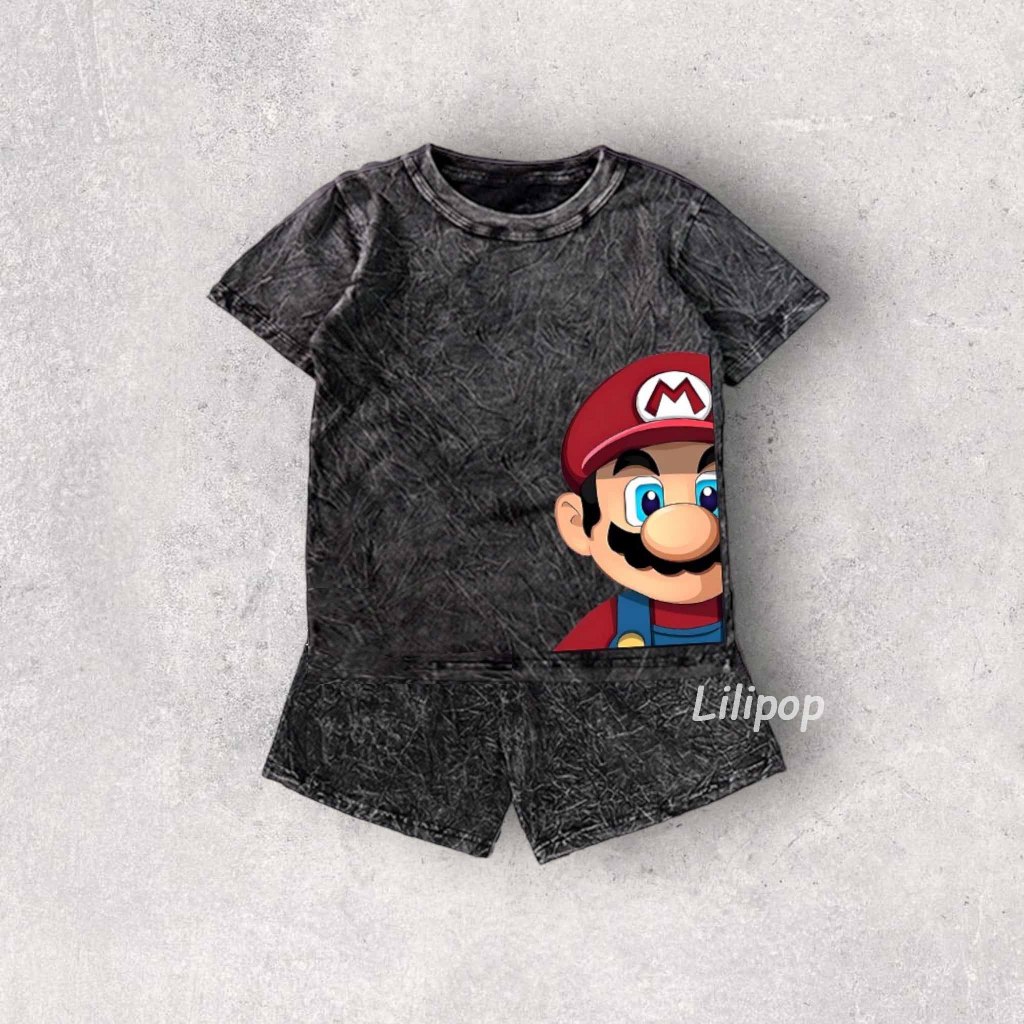 Jual Baju Anak Stone Wash stelan Usia 1-10 Tahun 3/4 Cowok Cewek Celana Pendek Harian mario ...