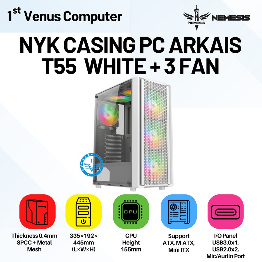 Jual Casing PC NYK Nemesis Arkais T55 include 3 Fan - Gaming Case ATX ...