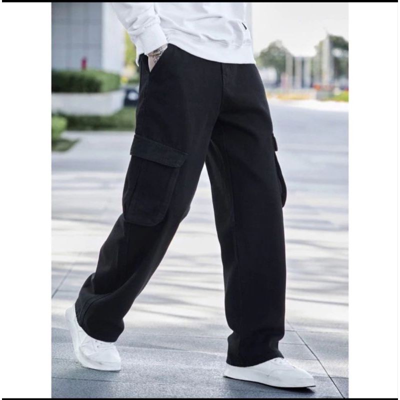 Jual celana cargo panjang pria gombrong Korean style loose cargo pants blue jeans kulot pants ...