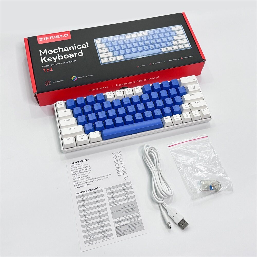 Jual ZIFRIEND T62 63Keys Mechanical Keyboard Mekanis Wired Kabel Mini Gaming Keyboard 3 Pin ...