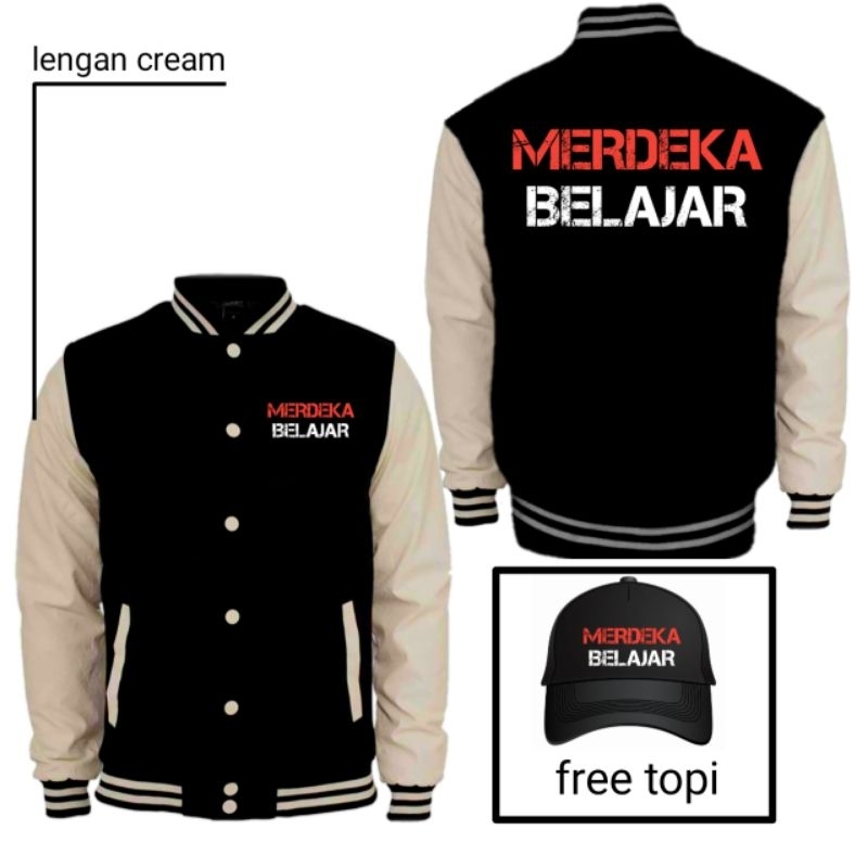 Jual jaket varsity kancing tekan merdeka belajar+topi | Shopee Indonesia