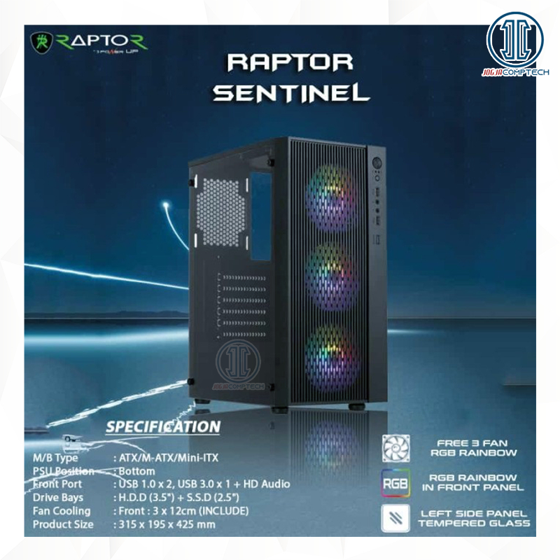 Jual Casing PC Gaming Raptor Sentinel ATX 3 fan Rainbow Tempered Glass ...