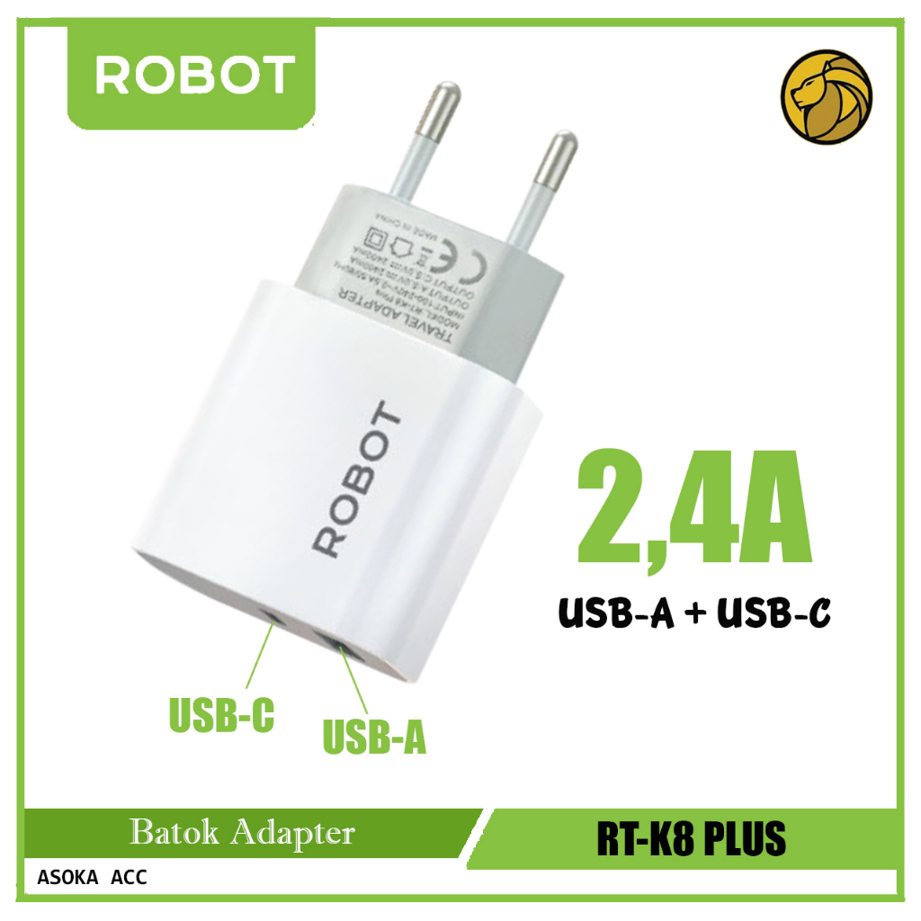 Jual Robot 2,4A Adapter Batok Charger Robot 2 USB Ports USB-A USB-C Fast Charging RT K8 Plus ...