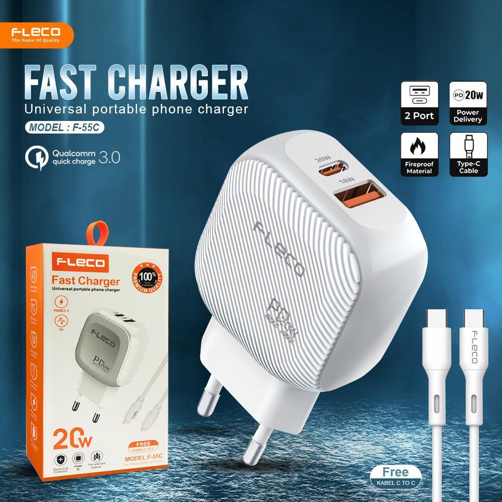 Jual Travel Charger FLECO F-55C 2Port USB & Type C Fast Charger PD 20W ...