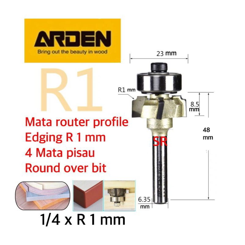 Jual Mata Router/ Profil Edging R 1mm 4 Mata Pisau/ Round Over Bit ...