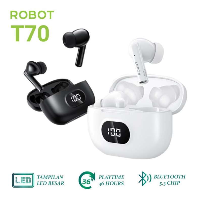 Jual ROBOT Airbuds T70 TWS Headset Bluetooth 5.3 Stereo Wireless LED ...