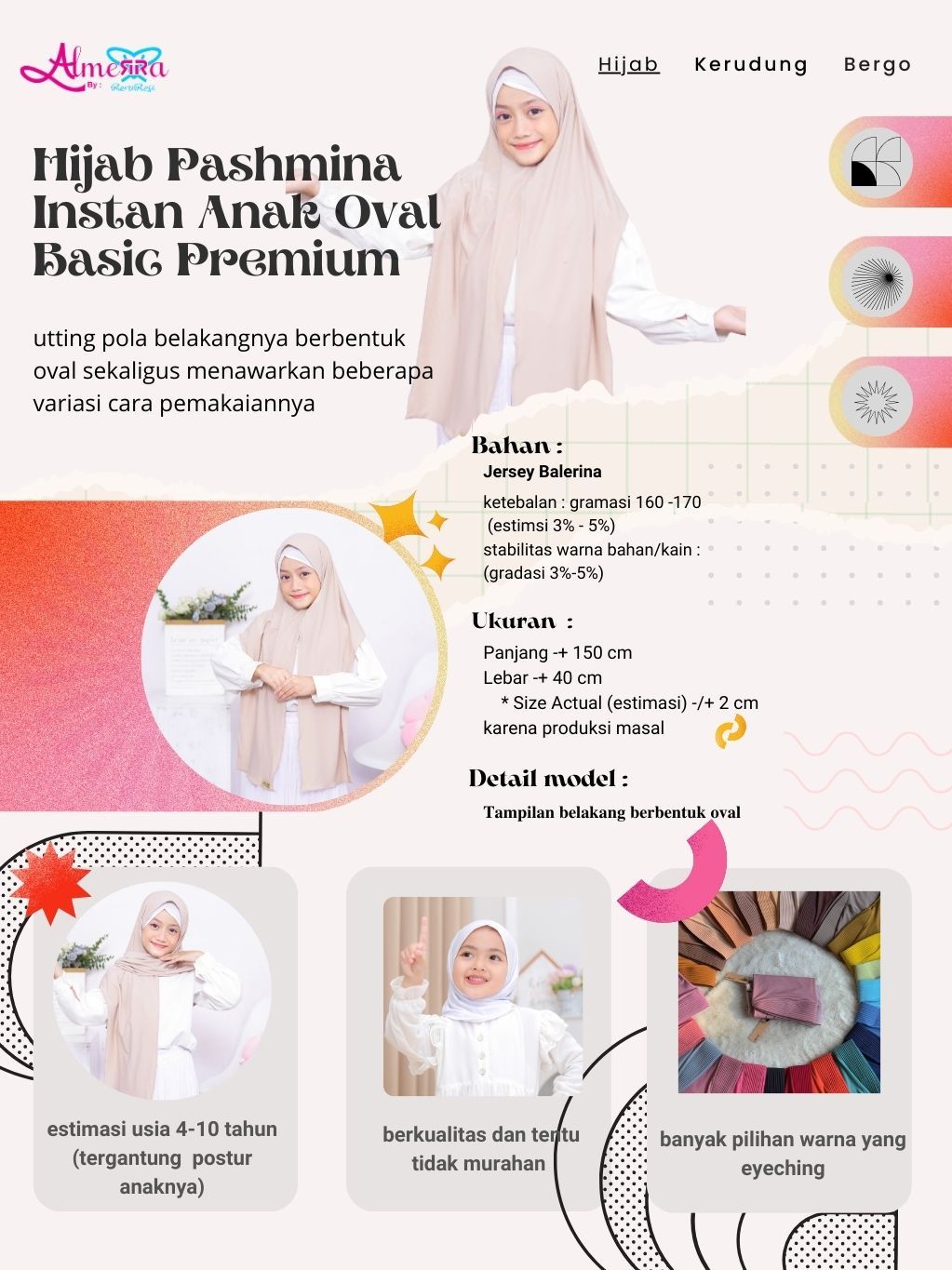 Jual 𝐀𝐥𝐦𝐞𝐫𝐫𝐚-Hijab Pashmina Instan Anak Oval Basic Premium | Pashmina ...
