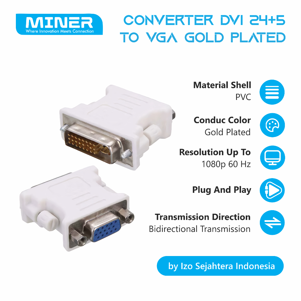 Jual Converter Adapter DVI 24+5 Pin to VGA Konektor Gold Plated High ...
