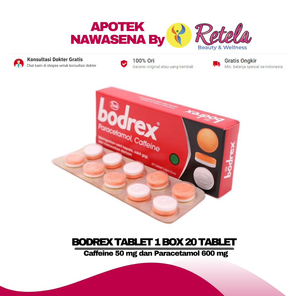 Jual BODREX TABLET 1 BOX 20 TABLET ( Caffeine 50 mg dan Paracetamol 600 ...