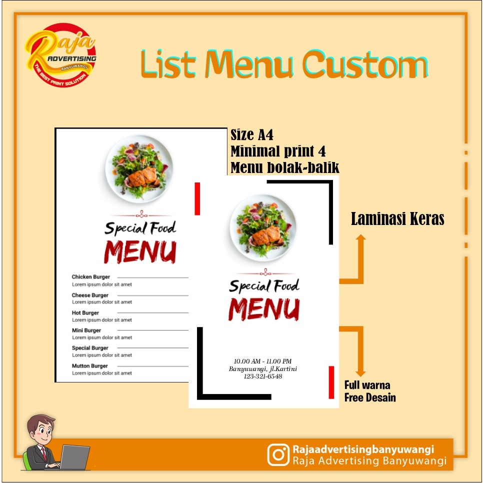 Jual Cetak Daftar Menu 2 Sisi custom desain Harga menu makanan minuman ...