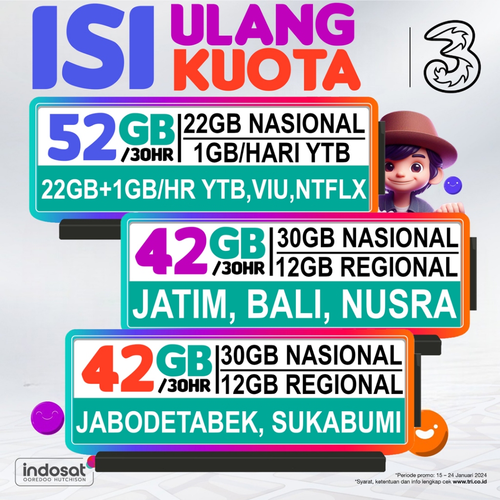 Jual TRI 3 THREE PAKET 22GB 52GB 42GB UNLIMITED 30 HARI 24JAM Kuota Inject Terlaris 30GB JATIM ...