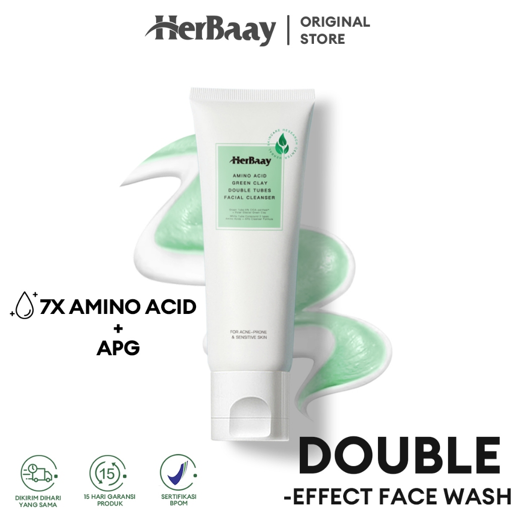 Jual HerBaay Acne Face Wash 7X Amino Acid + Green Clay Double Tubes ...