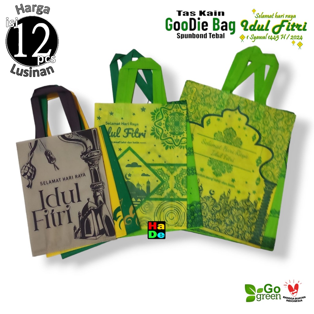 Jual 1 Lusinan isi 12 pcs Tas Kain Spunbond Goodie Bag Tulisan Custom Sablon Lebaran Idul Fitri ...