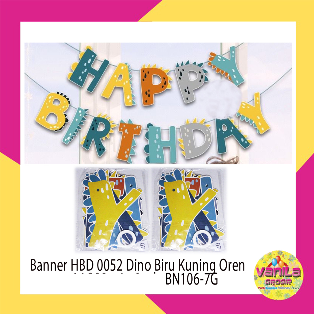 Jual (1Set) Banner HBD Karakter Dino Biru Kuning, banner happy Birthday ...