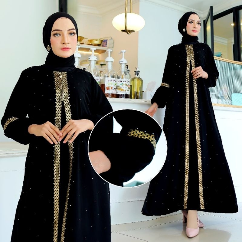Jual Gallery Exclusive Abaya Ziper Renda Gold Gamis Syari Hitam Bordir ...