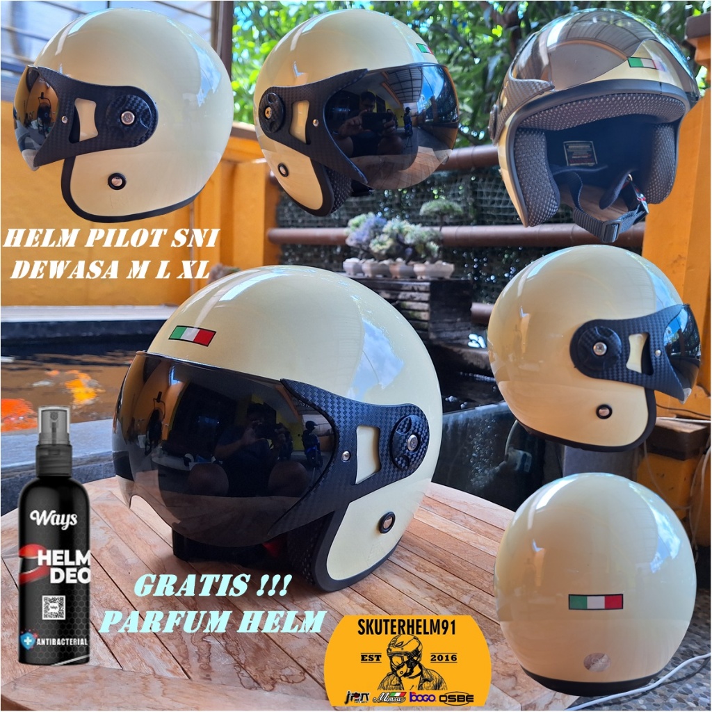 Jual Helm Dewasa Pilot Retro Half Face SNI Krem Cream Glossy Mengkilap ...