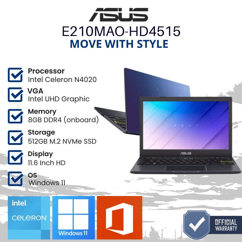 Jual ASUS E210MAO-HD4515 N4020 8GB 512GB W11+OHS 11.6 BLUE RESMI ...