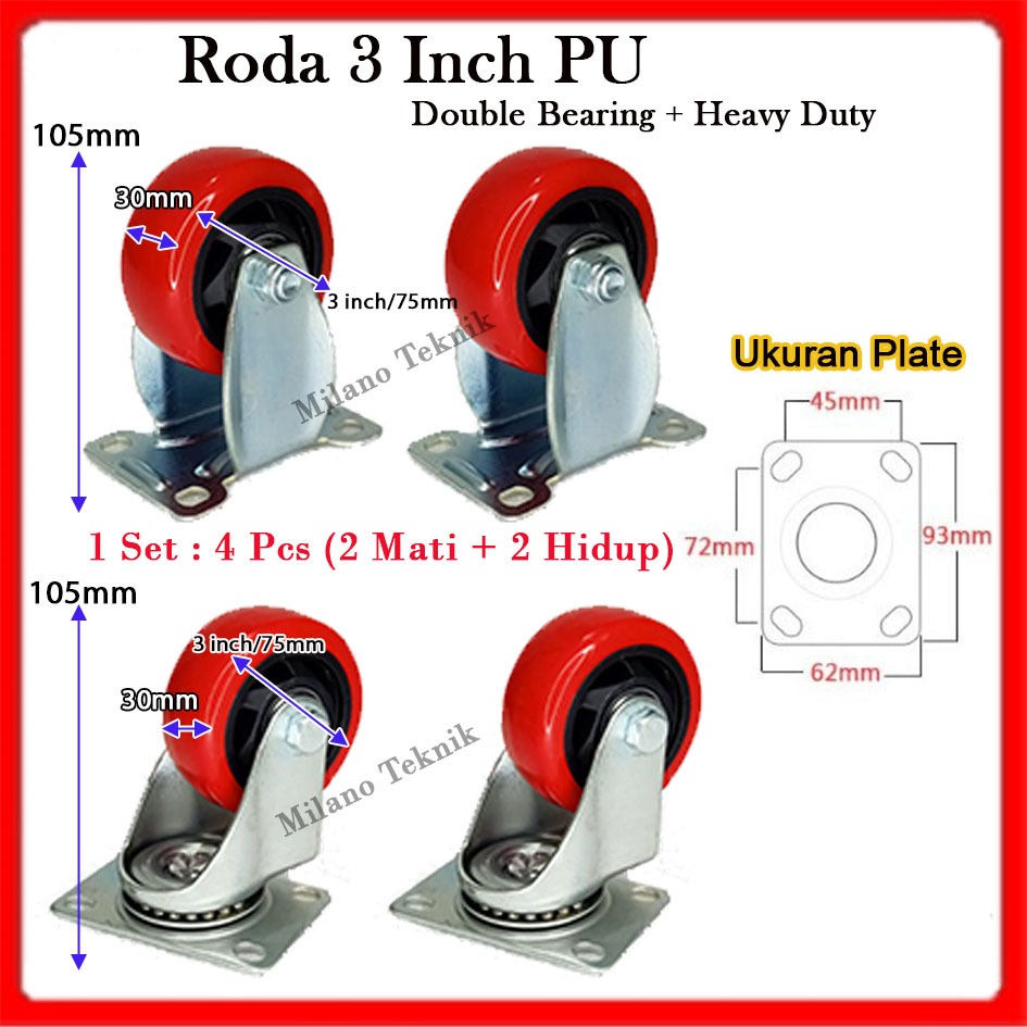 Jual Roda 3 inch PU 1set (2 Mati+2 Hidup) Double bearing Roda troli etalase | Shopee Indonesia