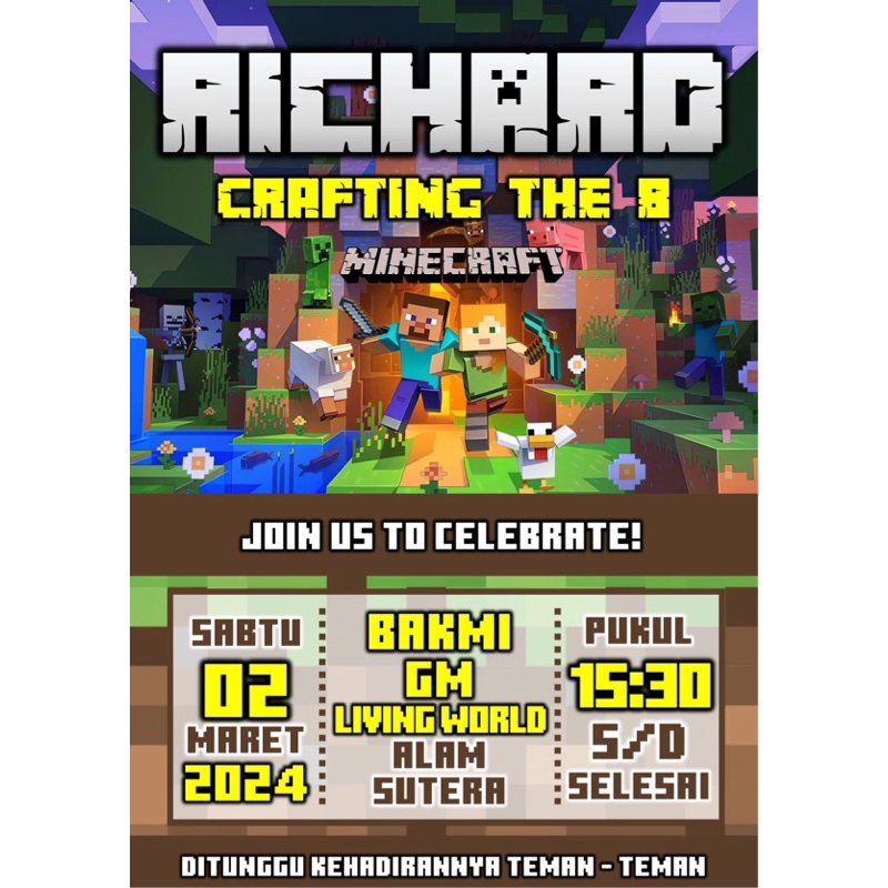 Jual Undangan Ulang Tahun Custom Tema Minecraft Motif 3 | Shopee Indonesia