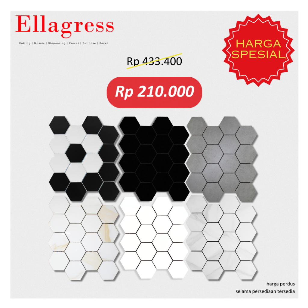 Jual PROMO Ellagress Mosaik Keramik Hexagon H045 AG Urat Marmer Abu ...
